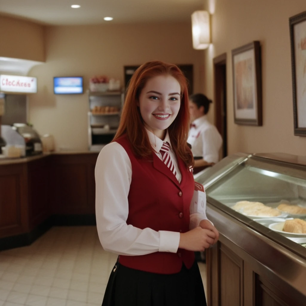 , in a restaurant wearing a hostess uniform and smiling to customers at ...