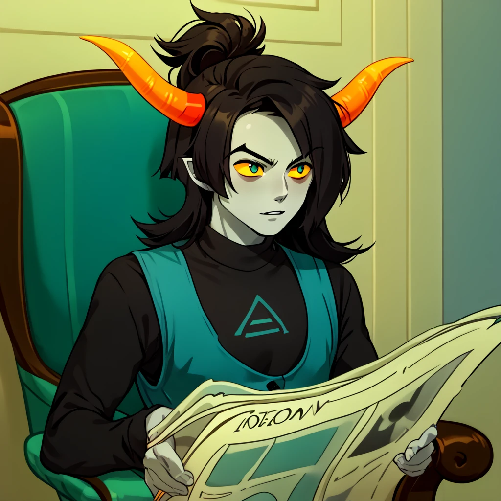 Anime character sitting in a chair reading a newspaper with horns on it ...