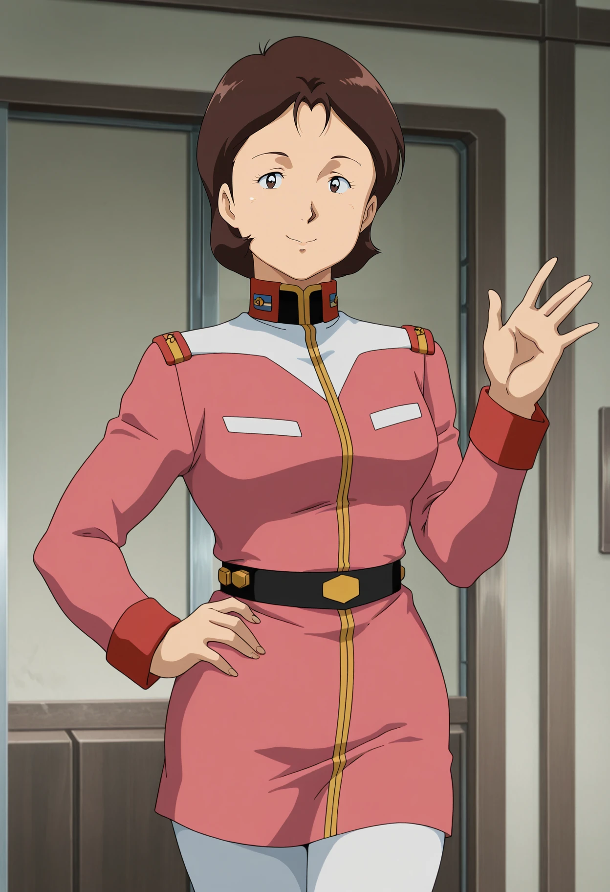 Anime character in uniform with hand up in front of door - SeaArt AI