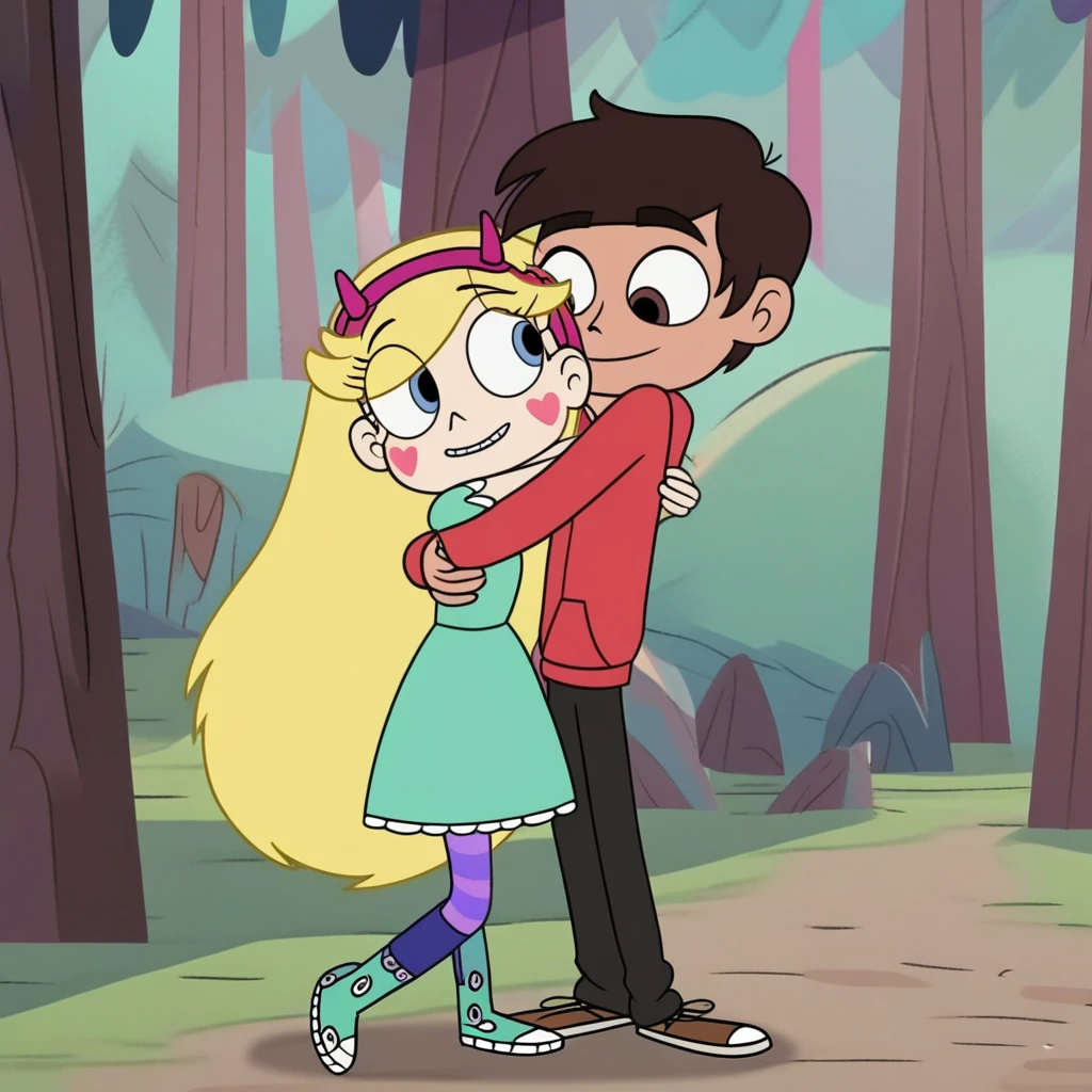 A cartoon picture of a couple hugging in the woods - SeaArt AI