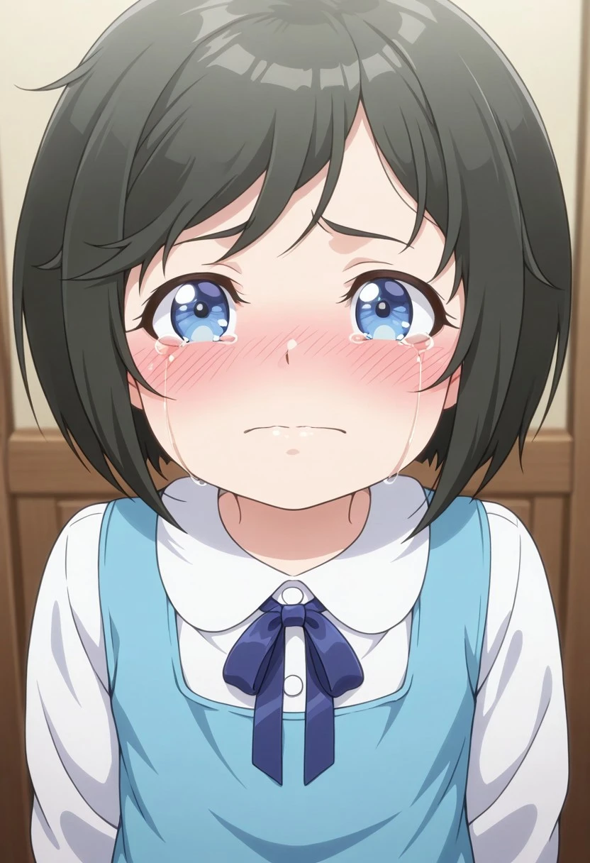 Anime girl with blue eyes and a blue dress standing in front of a wall ...