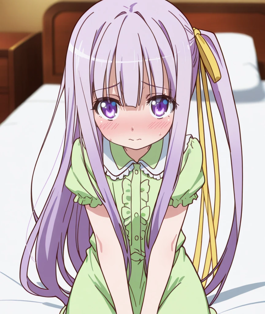Anime girl with long purple hair sitting on a bed - SeaArt AI