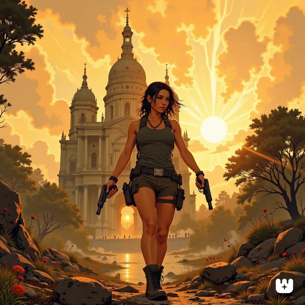 An illustration of Lara Croft at Sacré-Cœur Basilica, Paris, golden ...