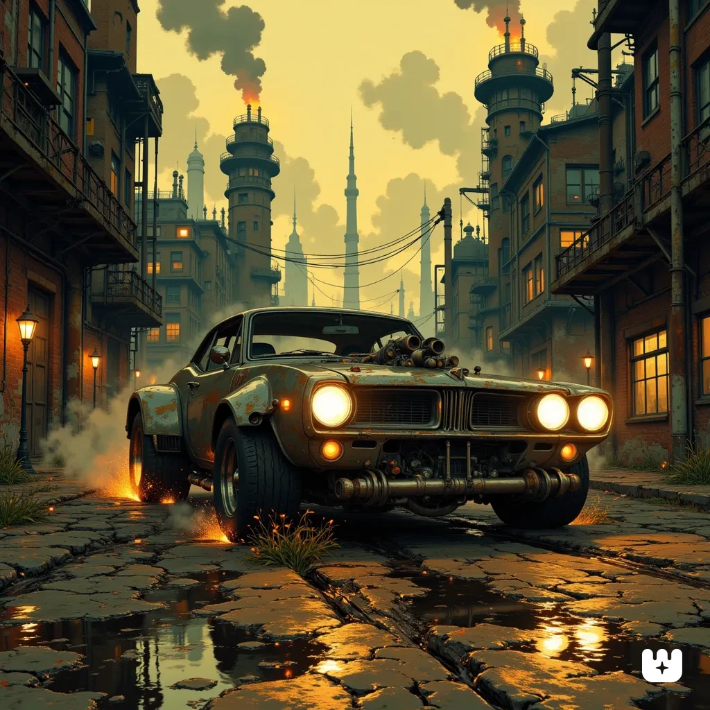 A cinematic, dieselpunk action scene: a retro-futuristic sports car ...
