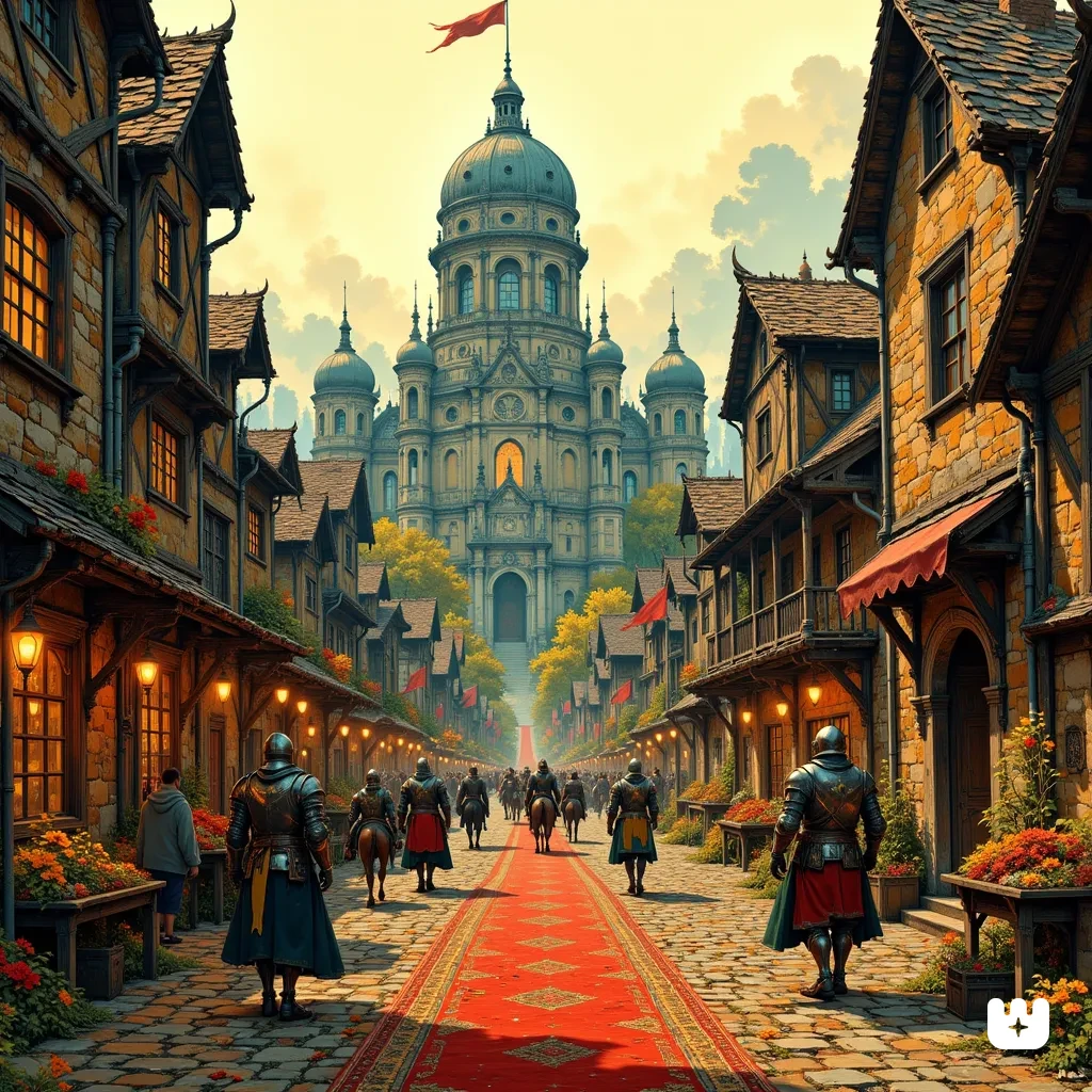 A medieval fantasy scene in a European castle town, bathed in golden ...