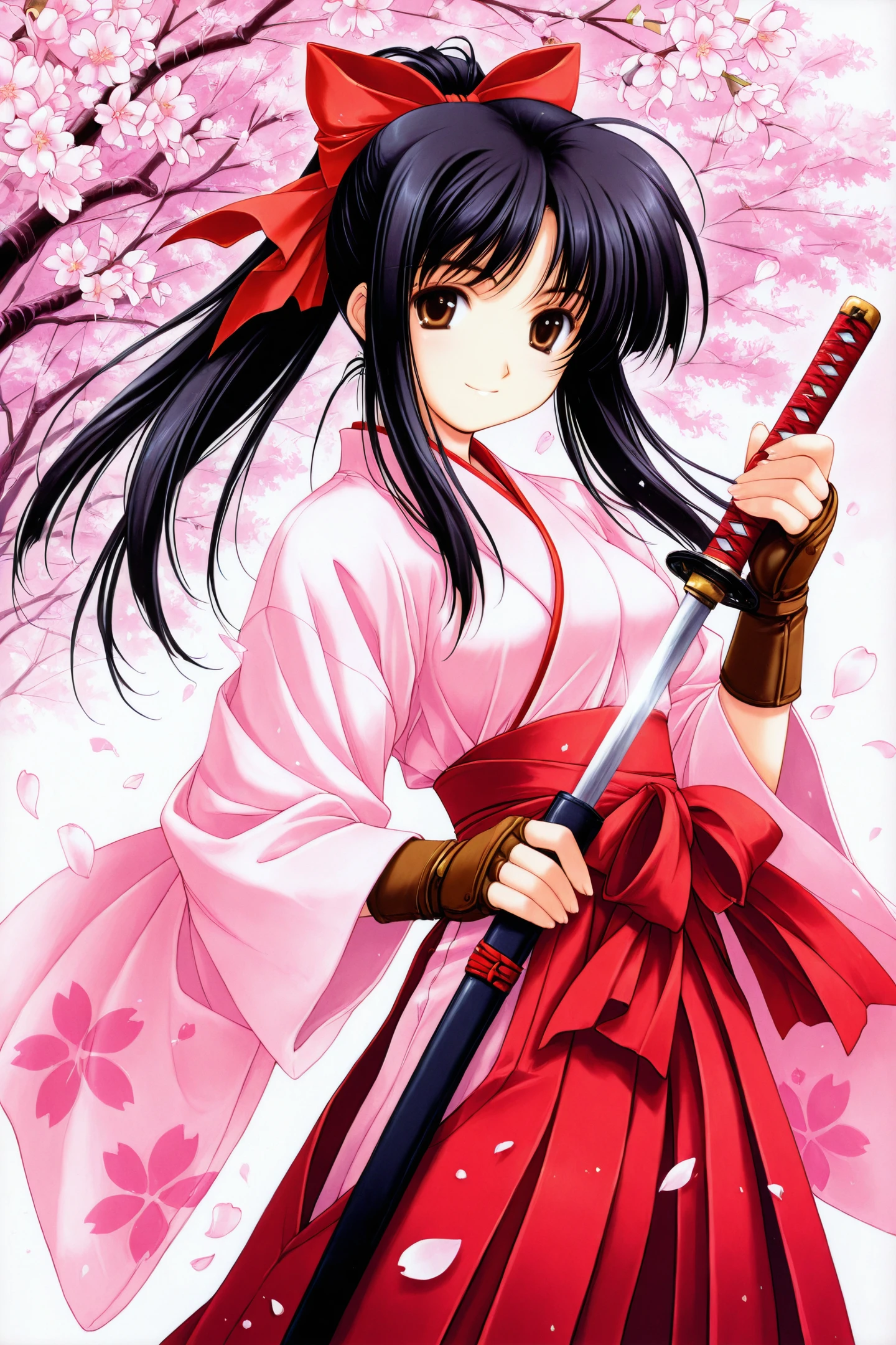 Shinguji Sakura,1girl,solo,japanese clothes,bow,black hair,red bow ...
