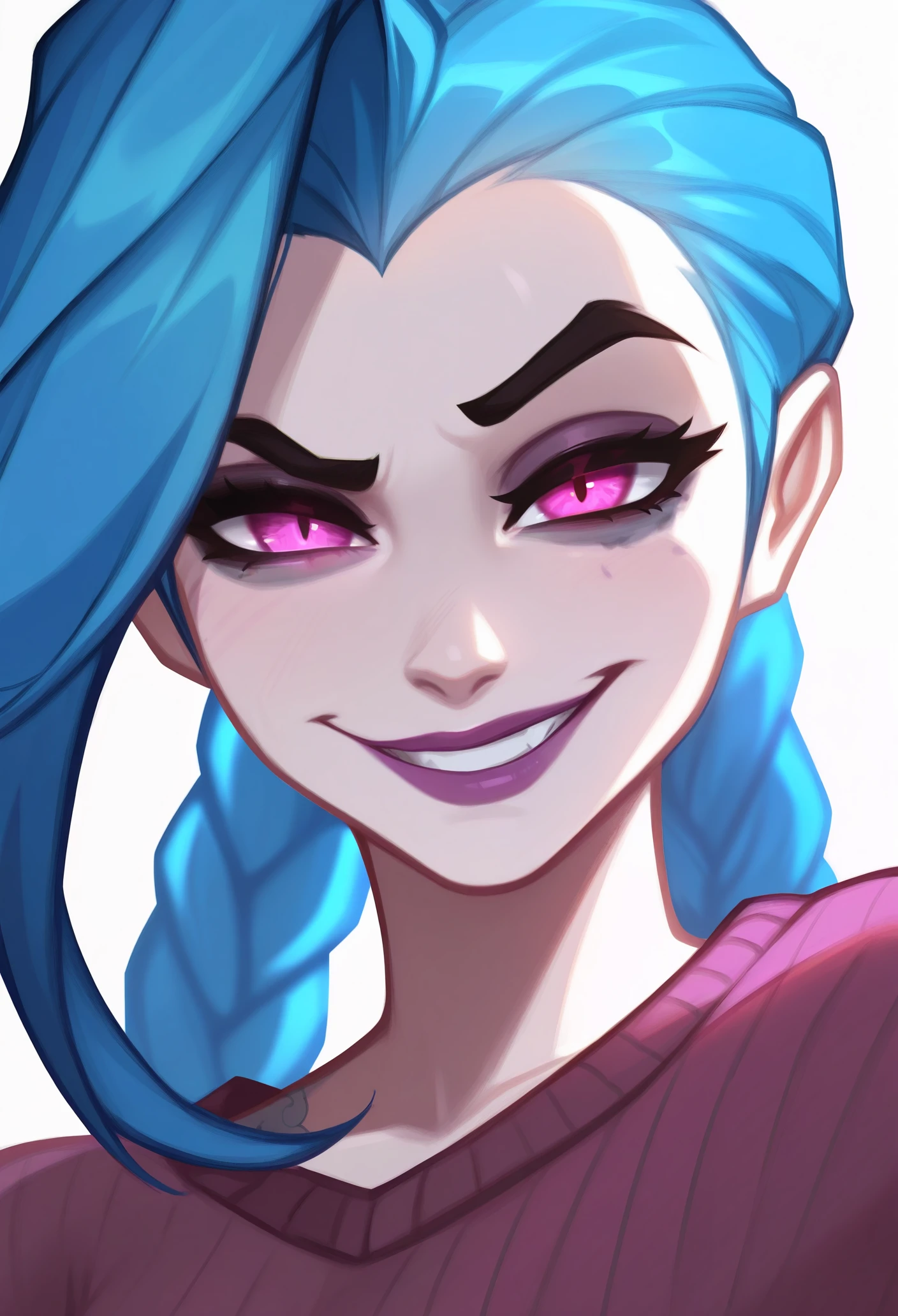 1girl, solo, jinx \(league of legends\), sweater, white background ...