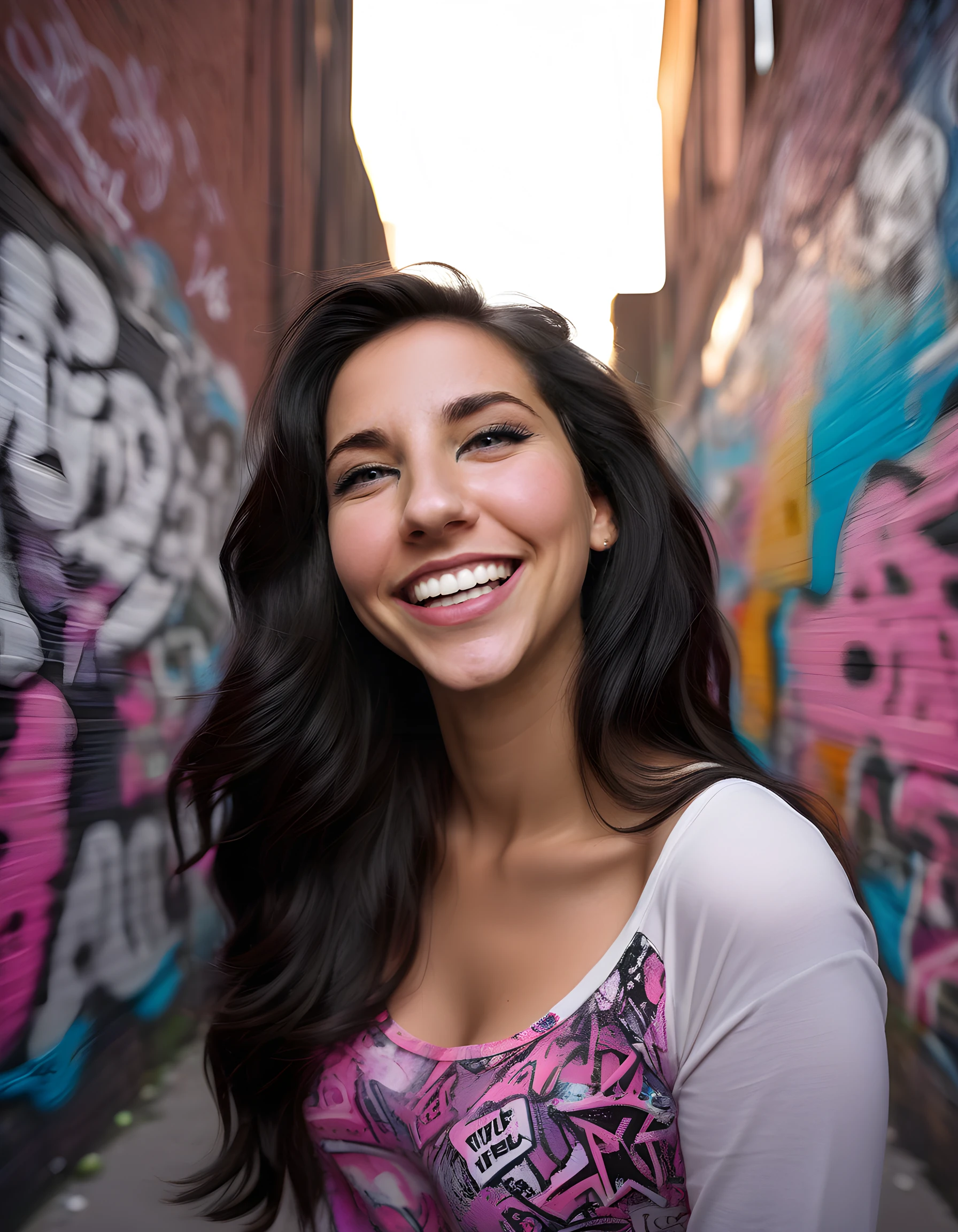 Arafed woman with long black hair smiling in front of a graffiti wall ...