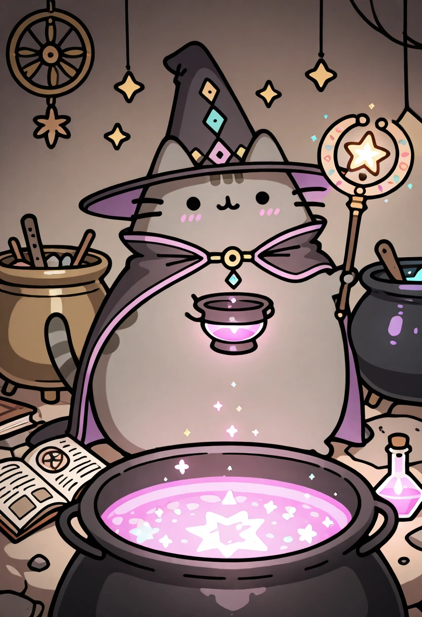 Masterpiece, best quality, pusheen, dressed as a wizard, holding a wand ...