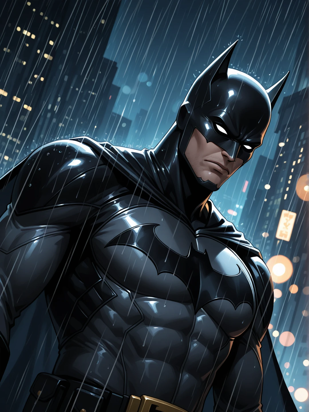 1boy, Batman, imposing, dark, ominous, piercing gaze, Gotham knight ...