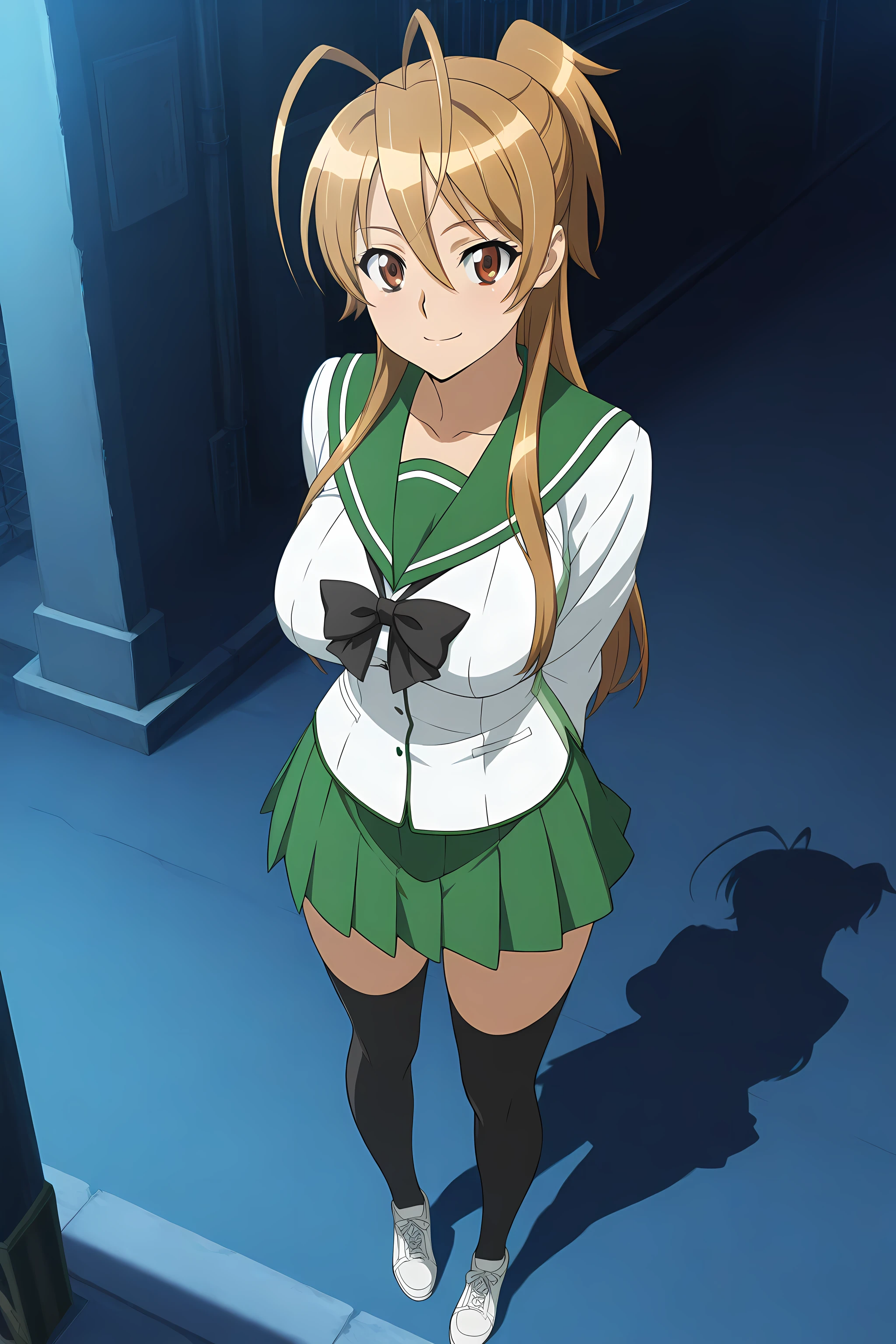 Miyamoto_rei_hotd, 1girl, solo, brown eyes, thighhighs, school uniform ...