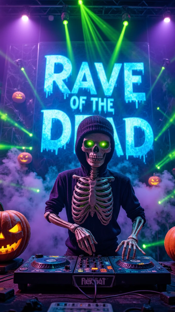 Skeleton DJ at a Haunted Rave: The skeleton DJ is spinning records on a ...