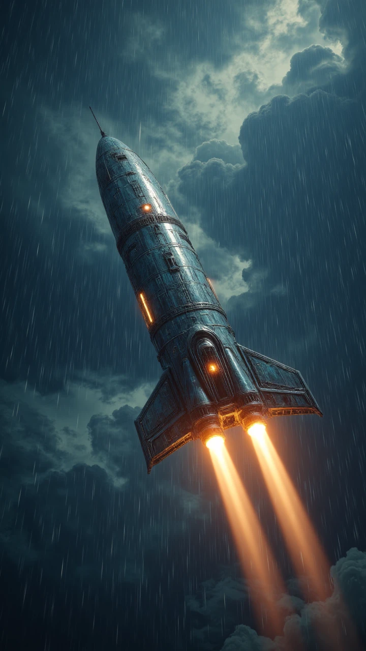 The sleek, metallic rocketship floats through the vast expanse of space ...
