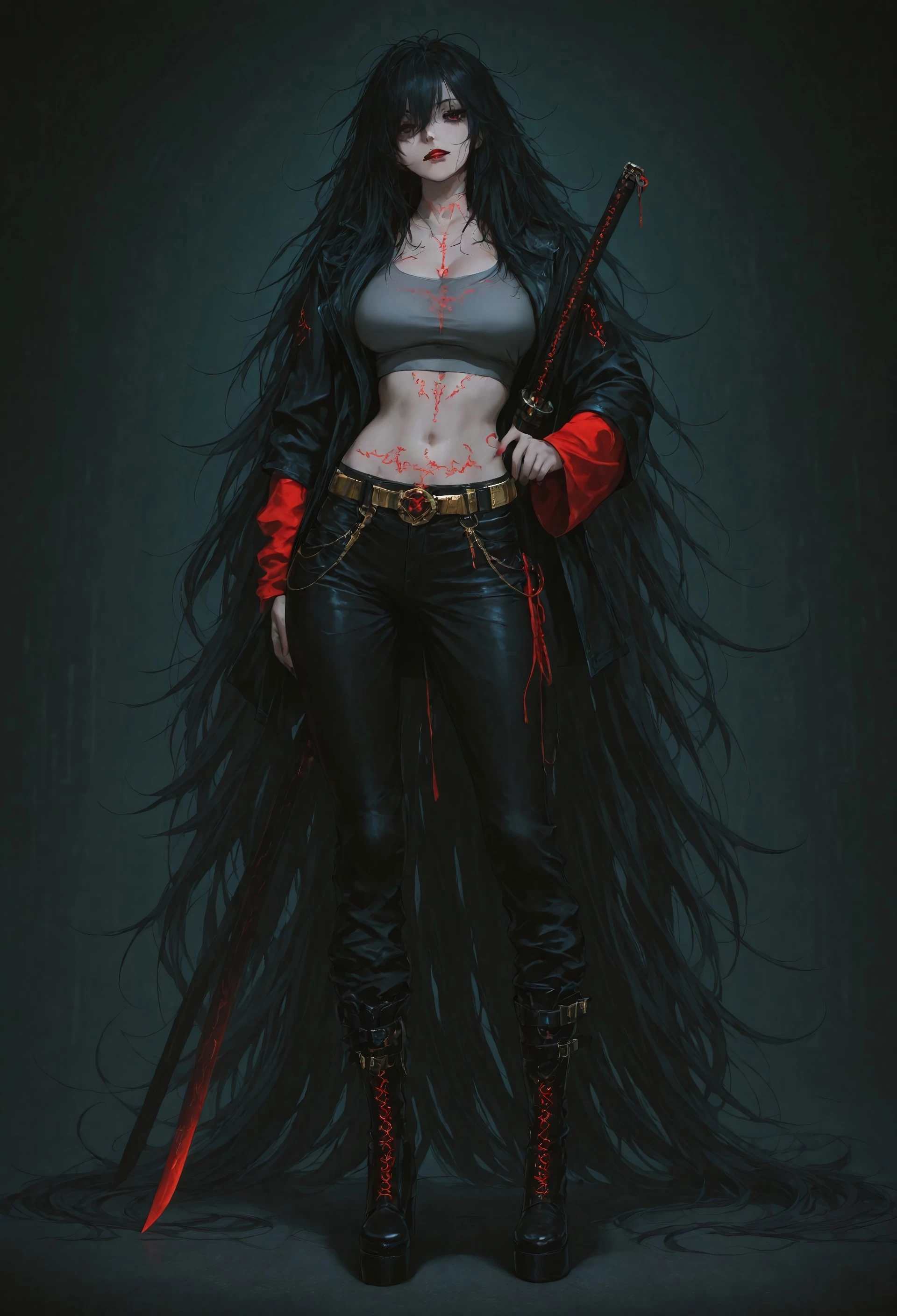 Lazypos, Avarice, glowing red runes, runes on body, 1girl, black hair ...