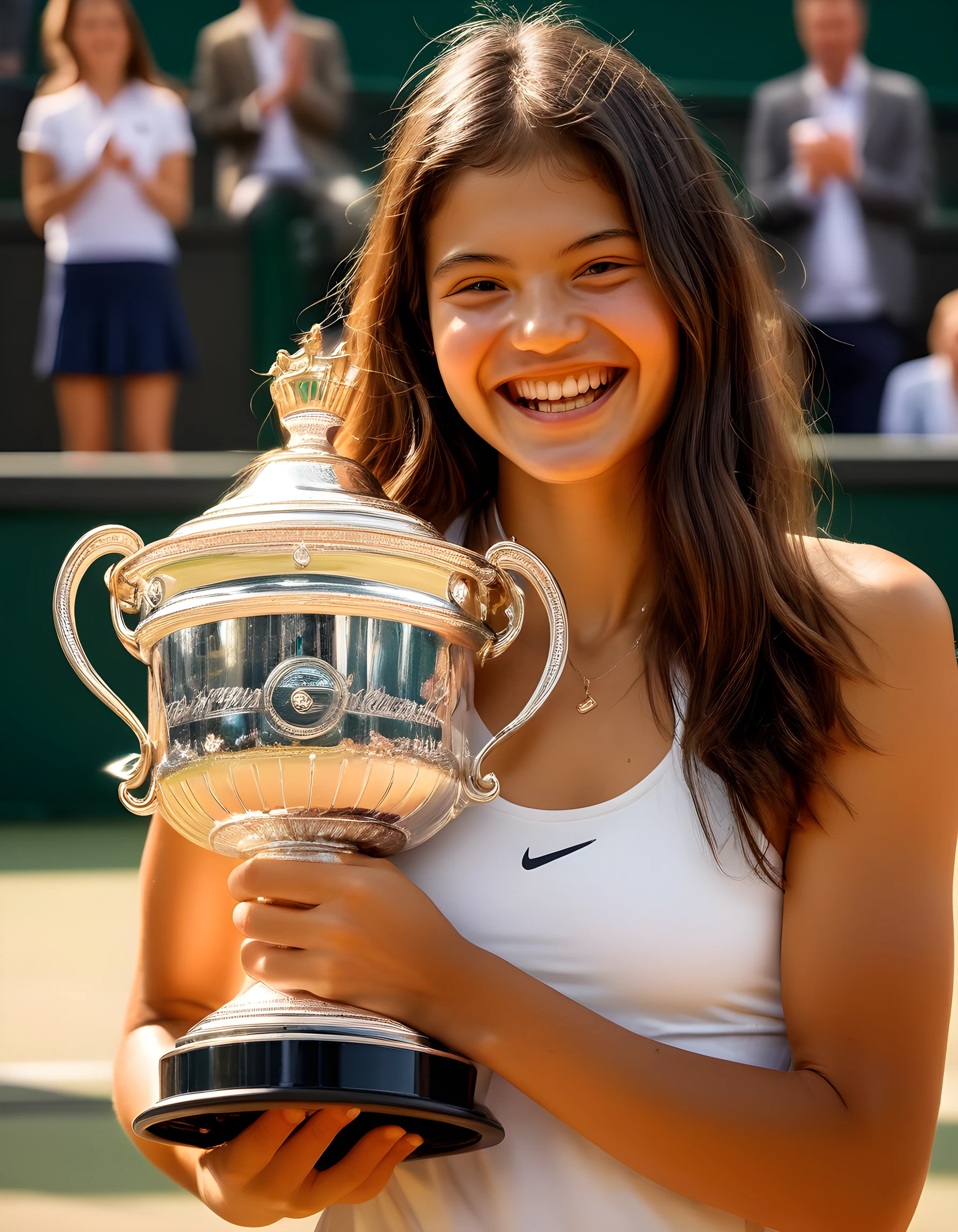 Emmaraducanu, In a bright and bustling tennis court under the warm ...