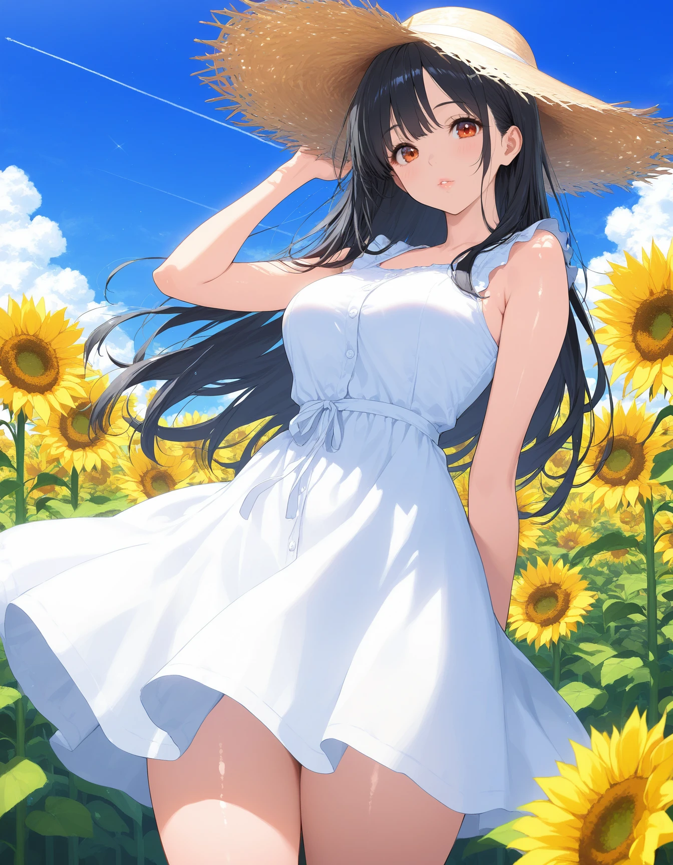 1girl, solo, general, smile, sunflower, flower field, day, blue sky ...