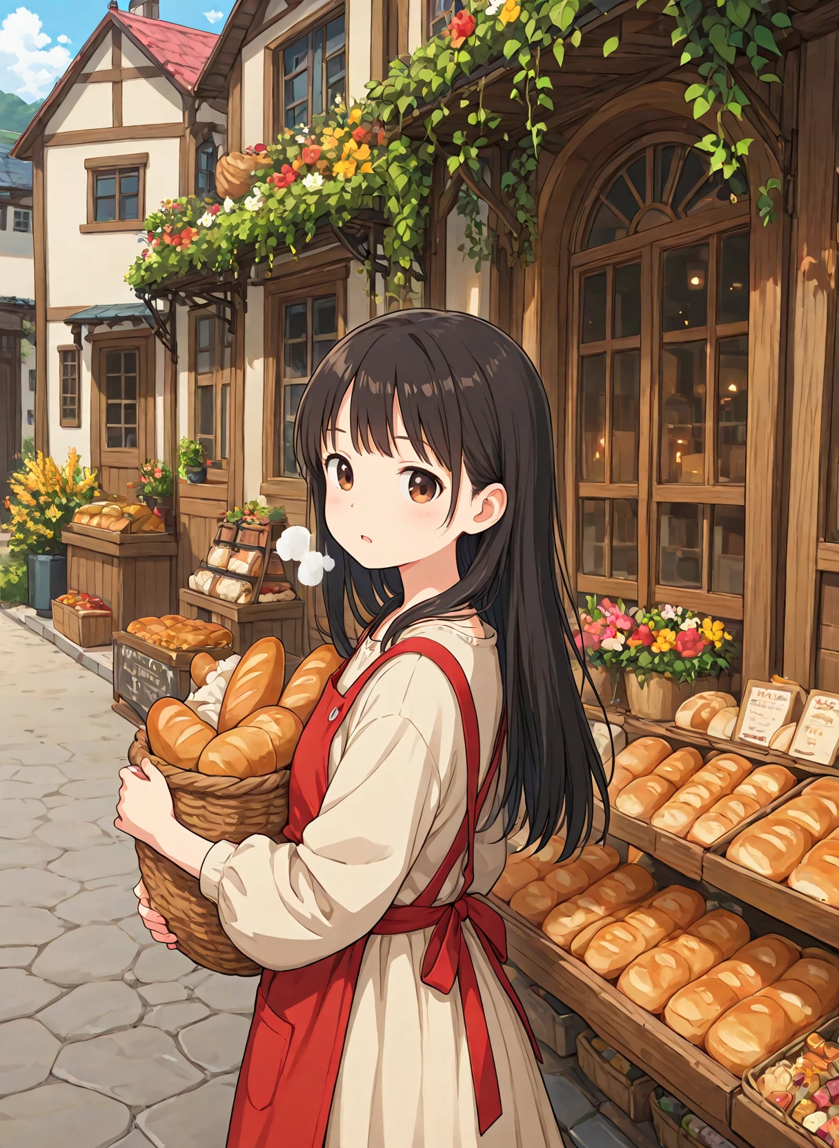 In a quaint countryside village, a young girl with deep brown eyes and ...