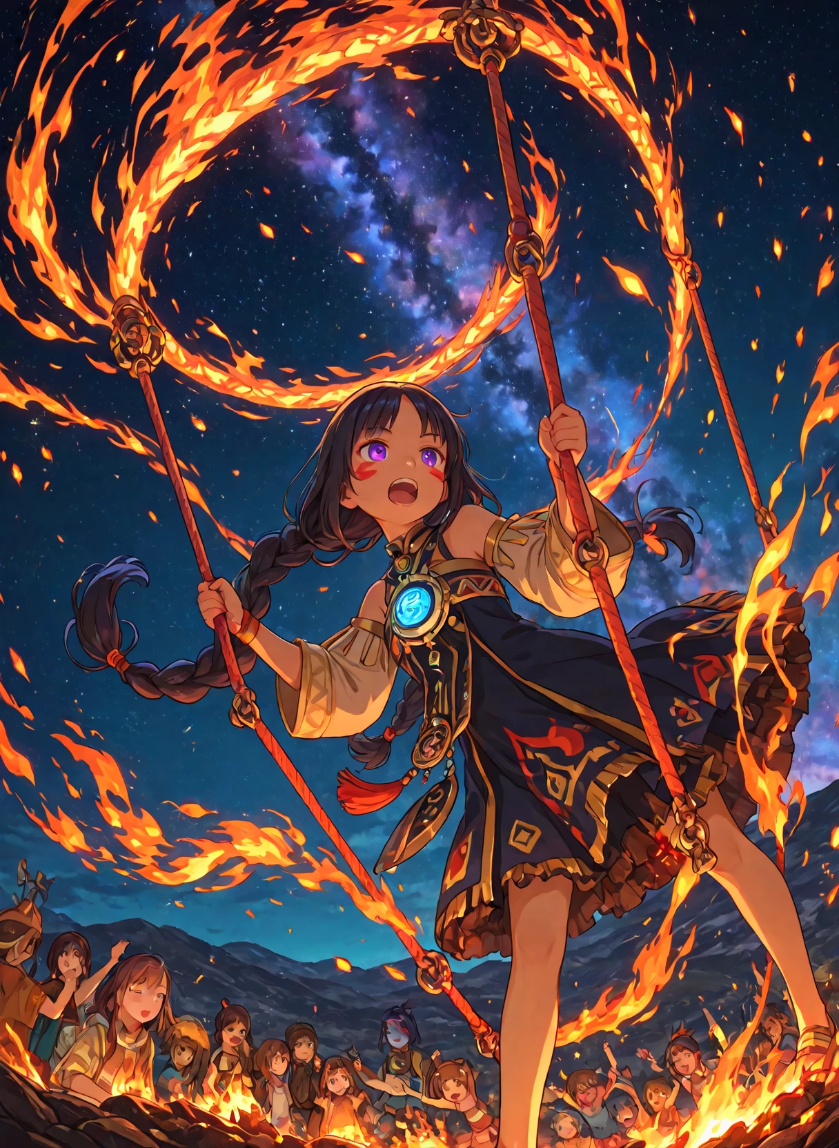 Under the deep indigo sky, a young Native American girl dances around a roaring - SeaArt AI