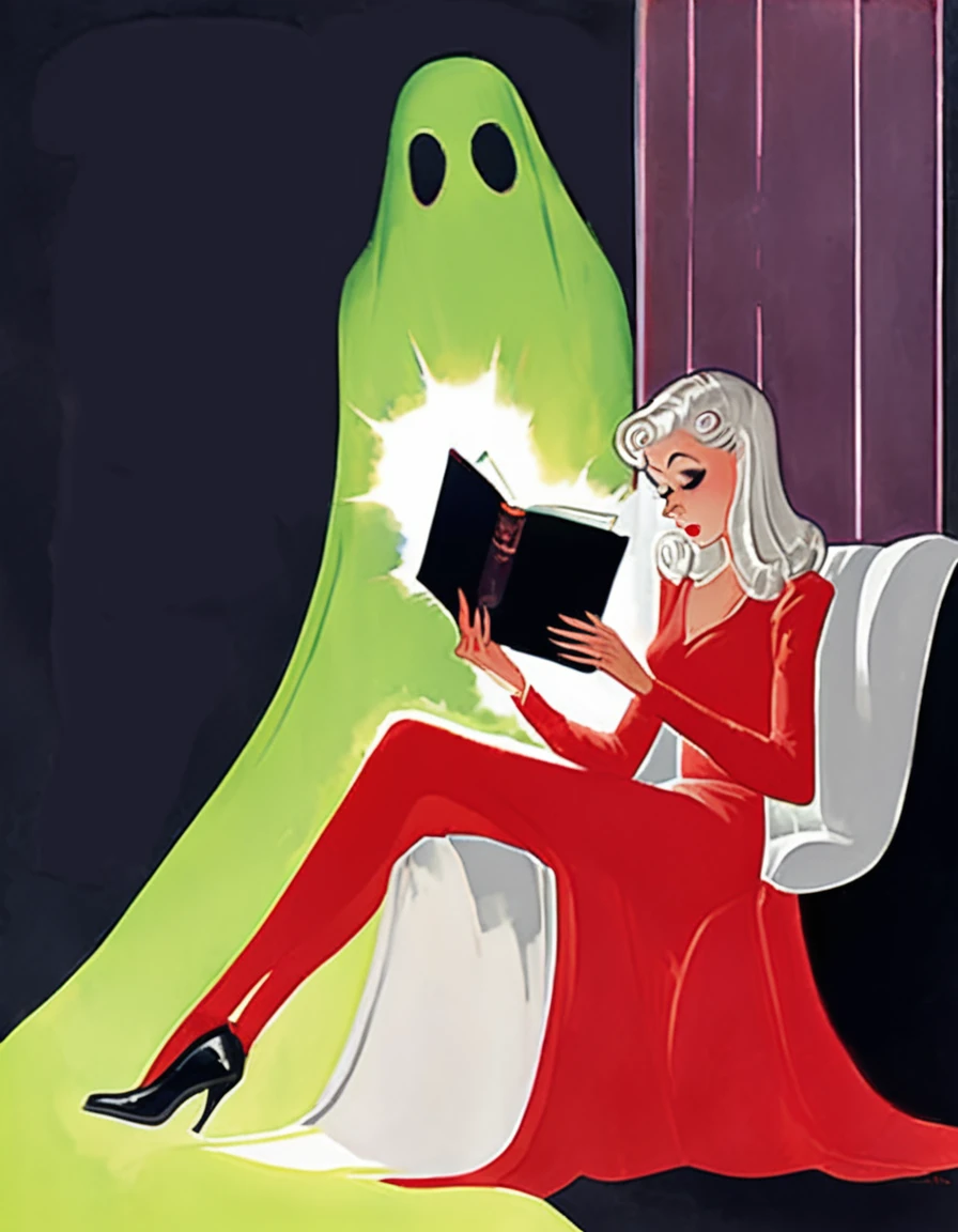 A vintage-style ROReid painted illustration depicts a woman in a red ...