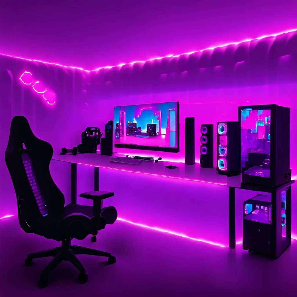 (RGB_Room, monitors, gaming chair, computer, speakers, keyboard - SeaArt AI
