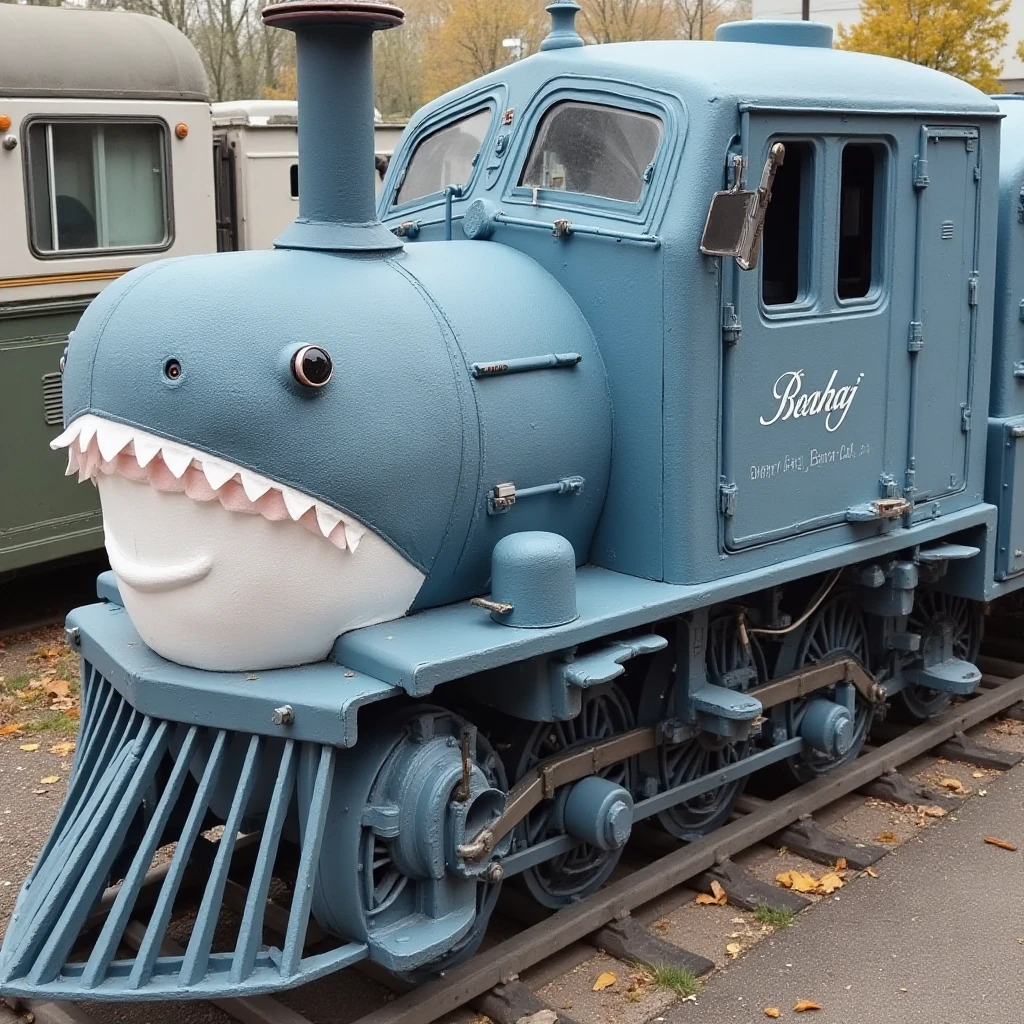 A blahaj shark train locomotive - SeaArt AI