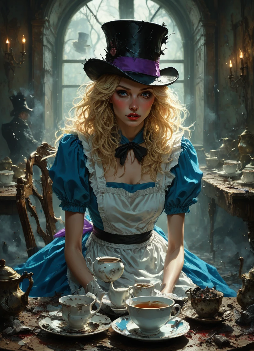 UnderlandAlice, Alice stands amidst the remnants of a ruined tea party ...