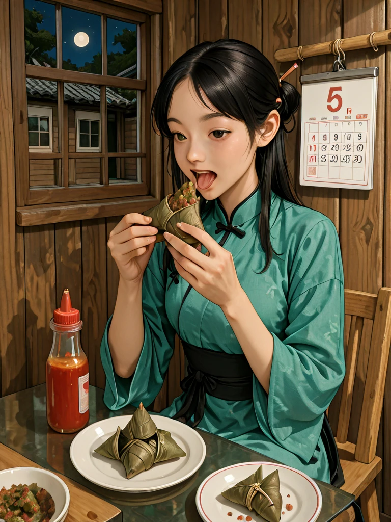 Absurdres, sensitive, zongzi, chimaki, chinese food, 1girl, eating ...