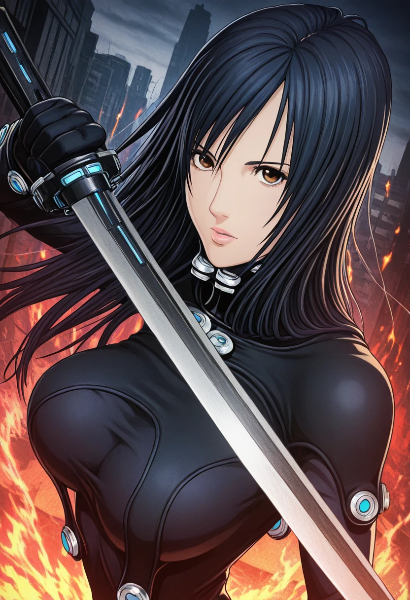 1girl, shimohira reika, solo, upper body, holding sword, battle pose ...