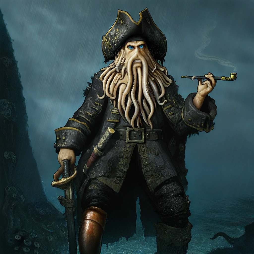 DavyJ0nes, crab leg, rain, holding sword, smoking pipe, weapon - SeaArt AI