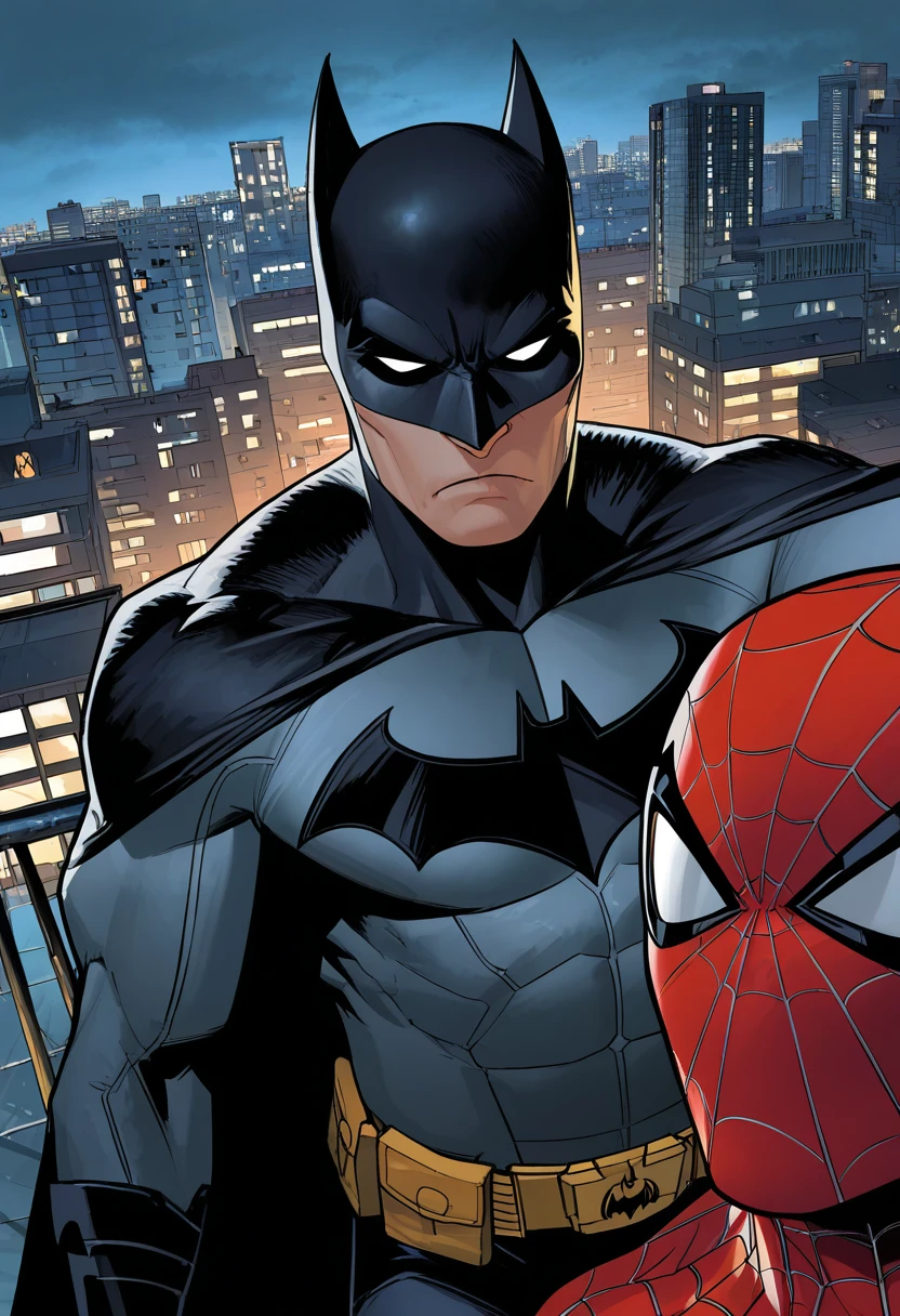 2boys, batman, spider-man, upper body, city, rooftop, selfie - SeaArt AI