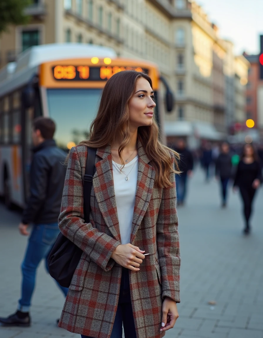 Woman,Waiting for a bus in a city square wearing a plaid blazer - SeaArt AI