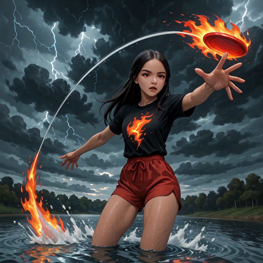Absurdres, sensitive, flaming frisbee, throwing, 1girl, fire paint t ...