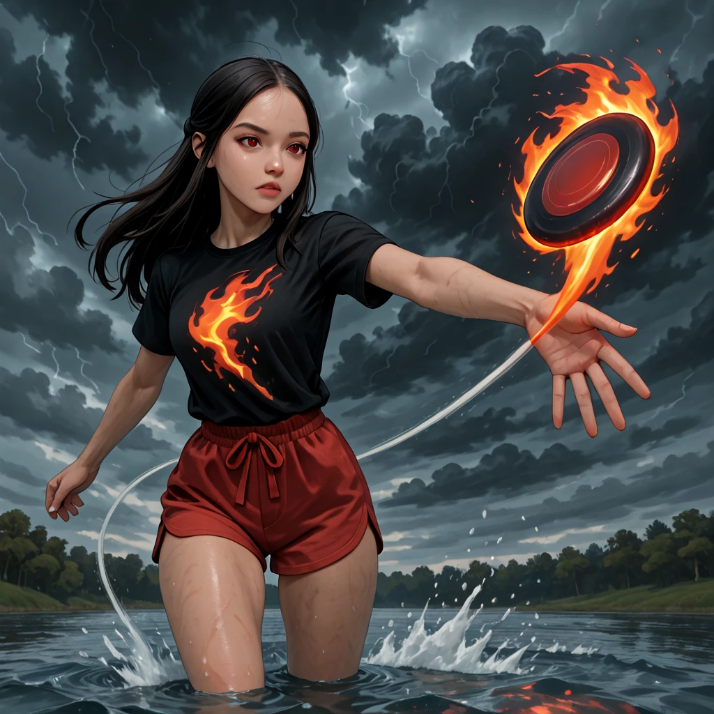 Absurdres, sensitive, flaming frisbee, throwing, 1girl, fire paint t ...