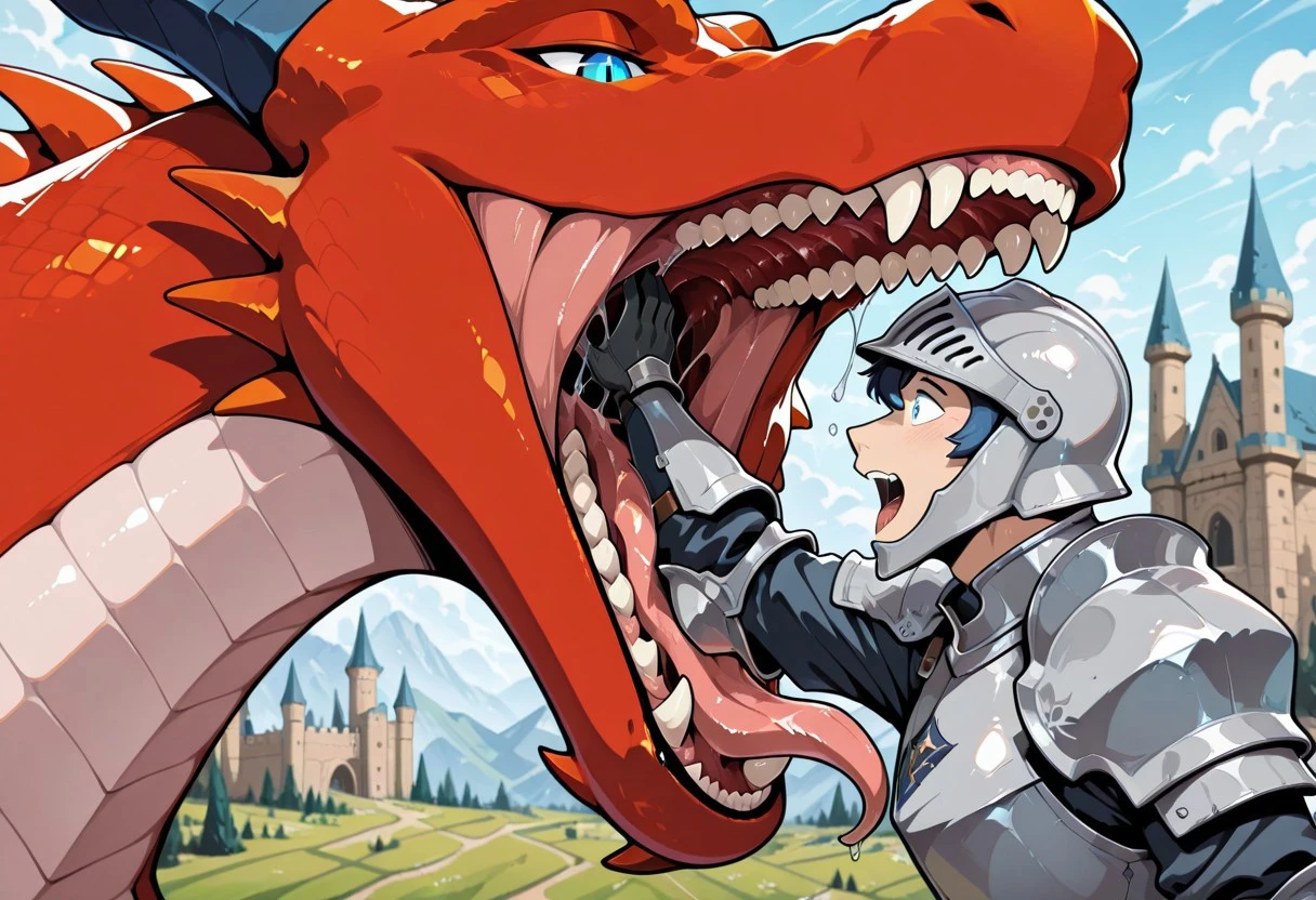 Vore_mawplay, dragon, red scales, blue eyes, feral, feral pred - SeaArt AI