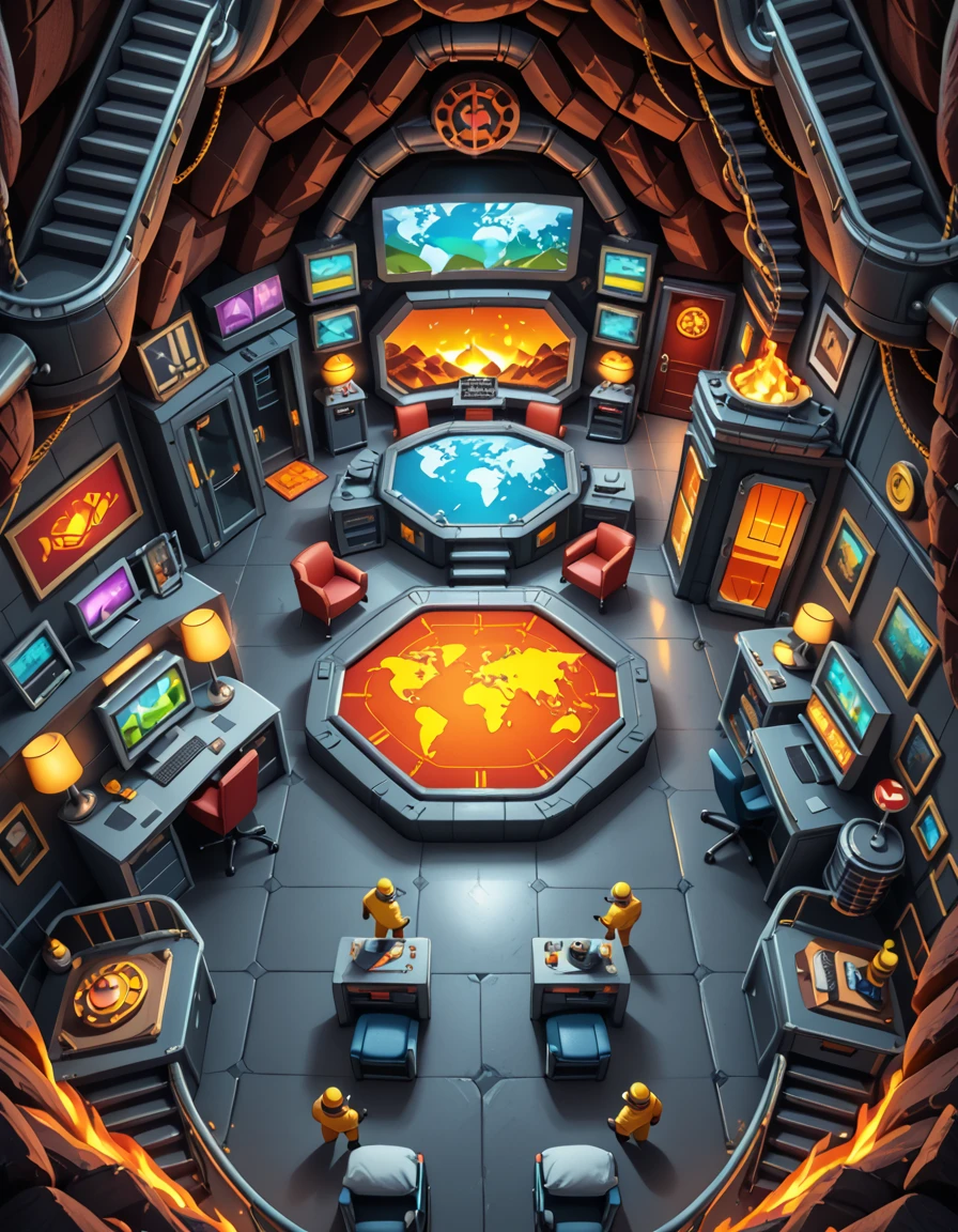 A high-angle view of a supervillain's underground lair carved into a ...