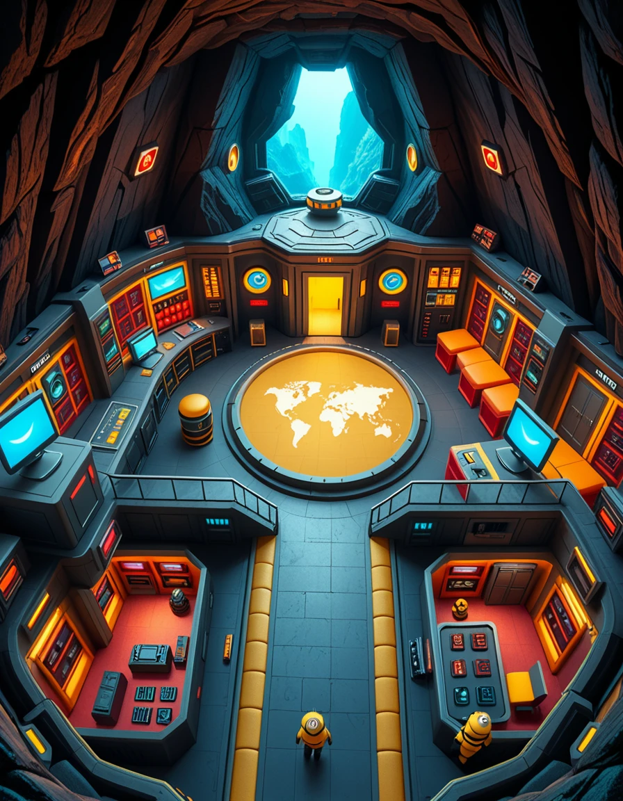 A high-angle view of a supervillain's underground lair carved into a ...