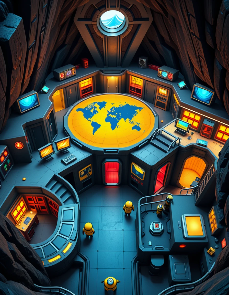 A high-angle view of a supervillain's underground lair carved into a ...