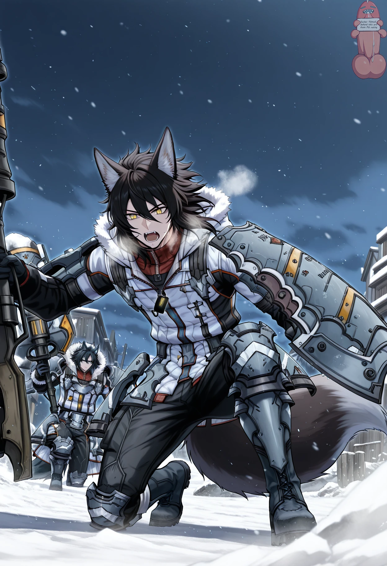 Solo, 1boy, medium hair, black hair, fox ears, fox tail, big tail ...