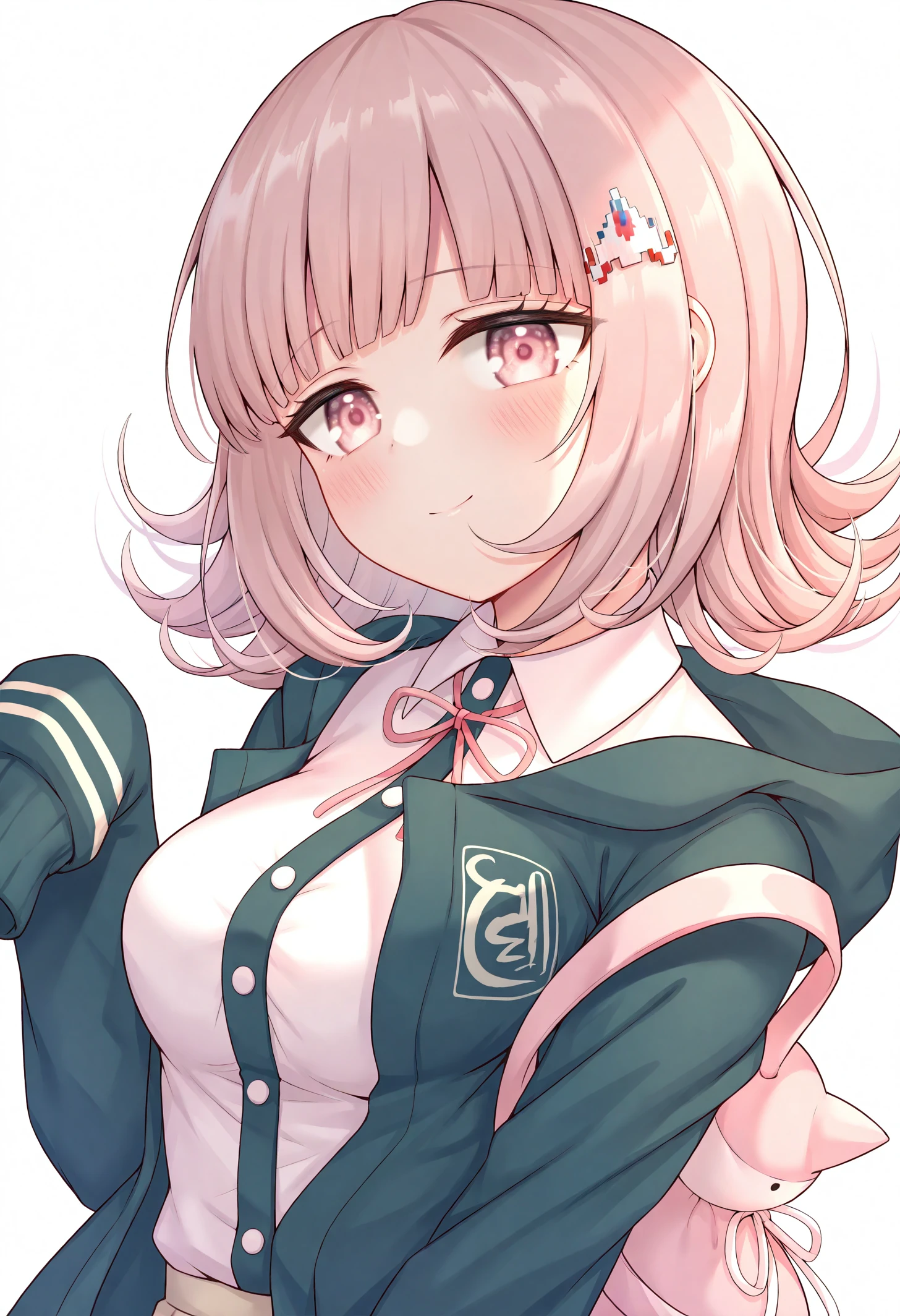 1girl, nanami chiaki, solo, shirt, ribbon, hair ornament, neck ribbon ...