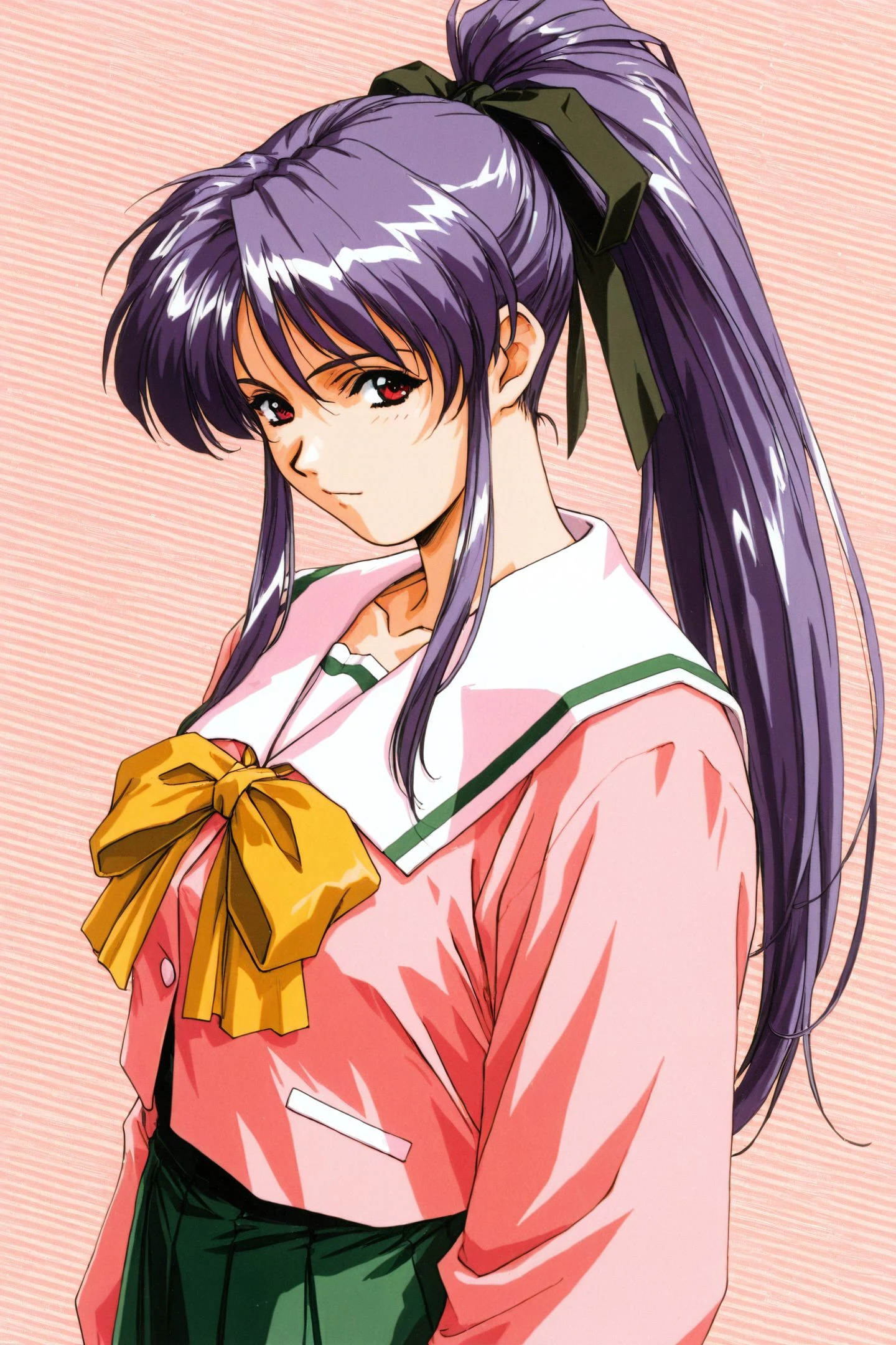 堀部秀郎 Style,takabe eri,1girl,スカート,ロングヘア,ピンクの制服,紫色の髪,緑のリボン,ポニーテール - SeaArt AI