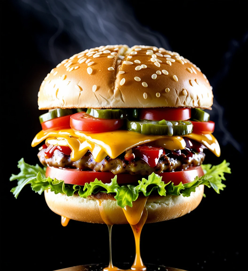 A mouth-watering giant cheeseburger captured flying mid-air in a ...