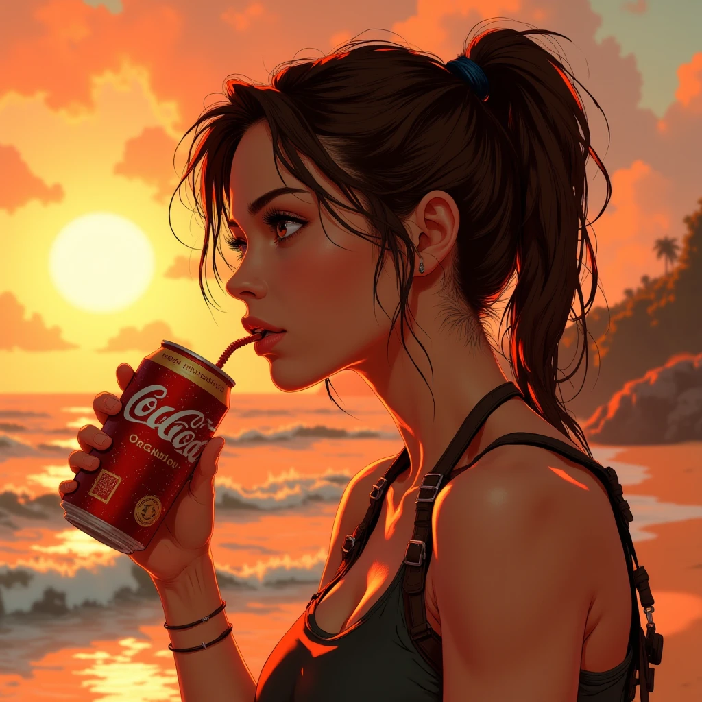 Lara Croft, sipping cola from can on beach, portrait, close-up shot ...