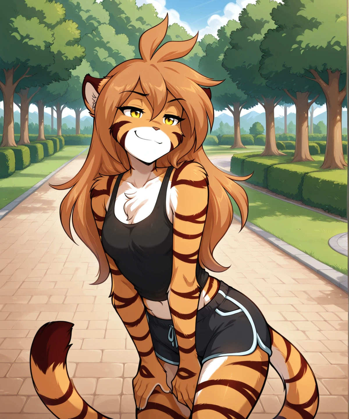 Solo, furry female anthro, small breasts, tank top, midriff, dolphin shorts - SeaArt AI