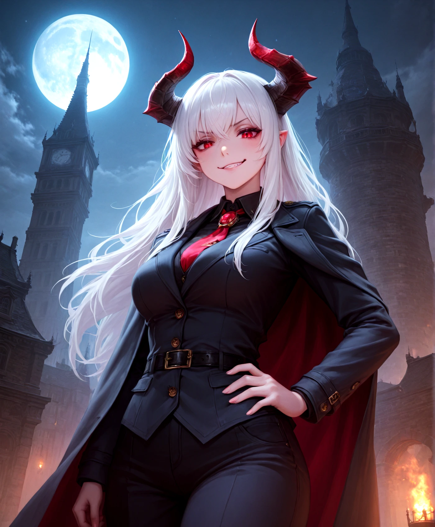 Clothing, hair, solo, smirk, female, 1girl, white hair, red eyes ...