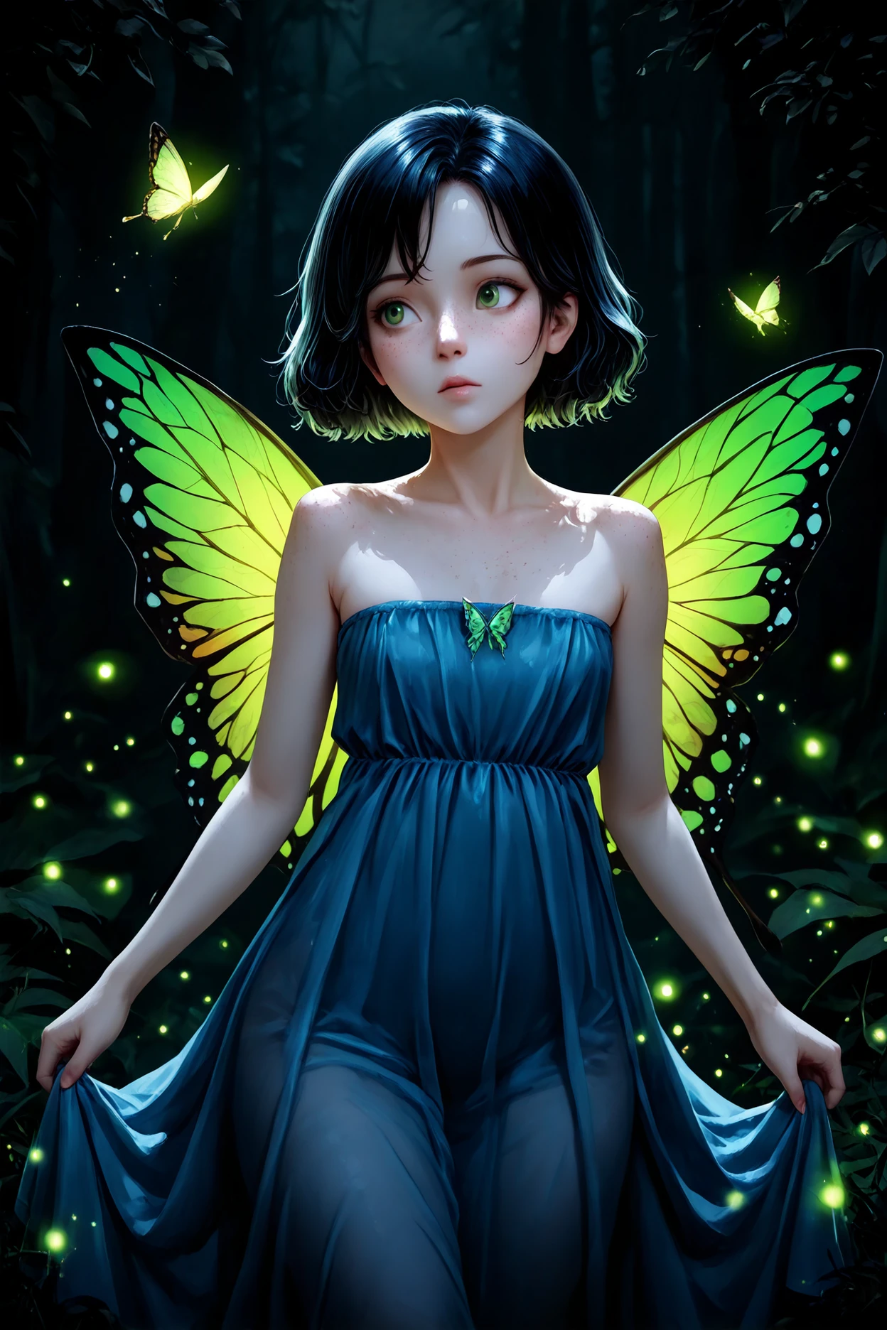 1girl, fairy, solo, green eyes, black hair, silky, blue gown - SeaArt AI