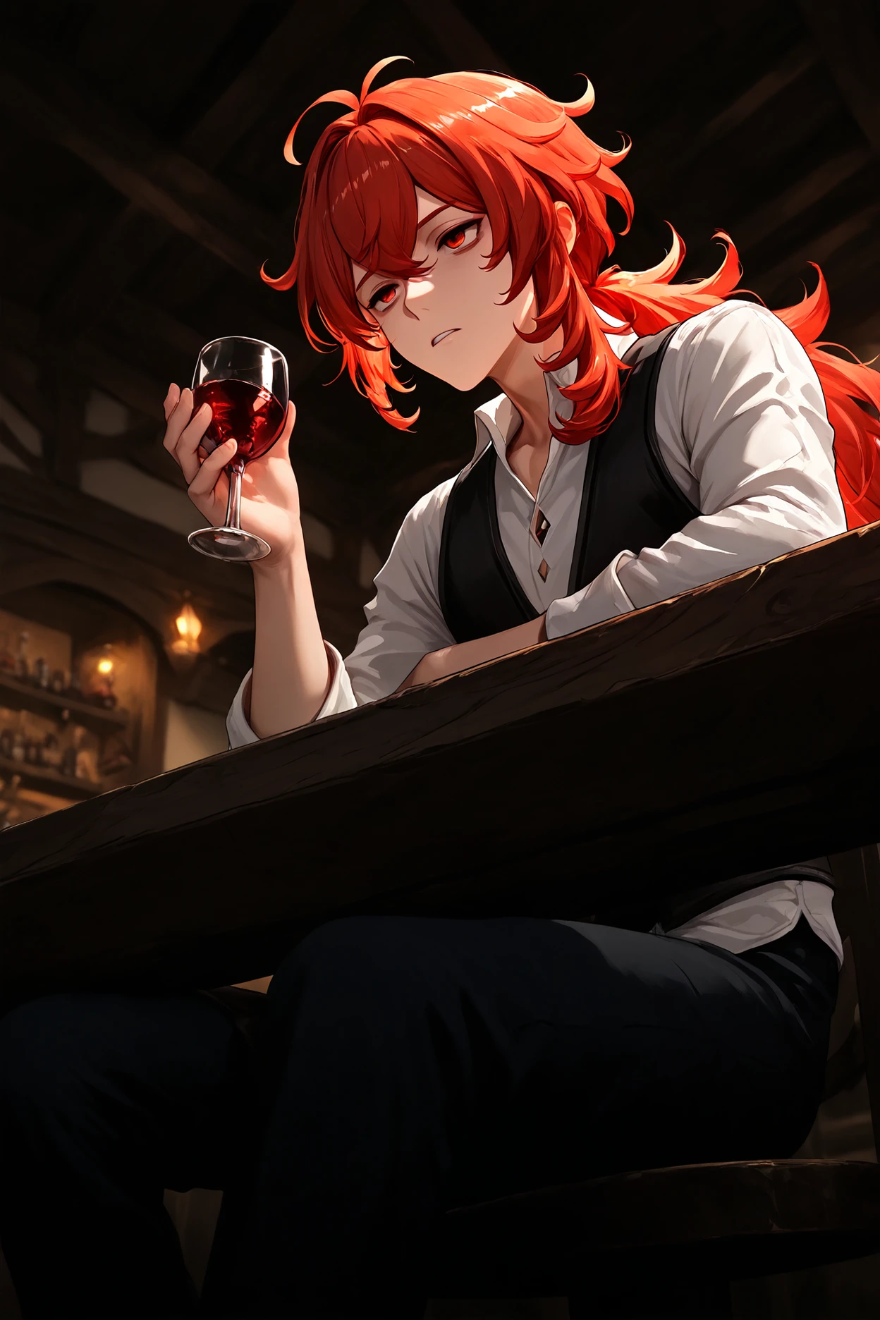 1boy, diluc \(genshin impact\), solo, tavern, dark background - SeaArt AI