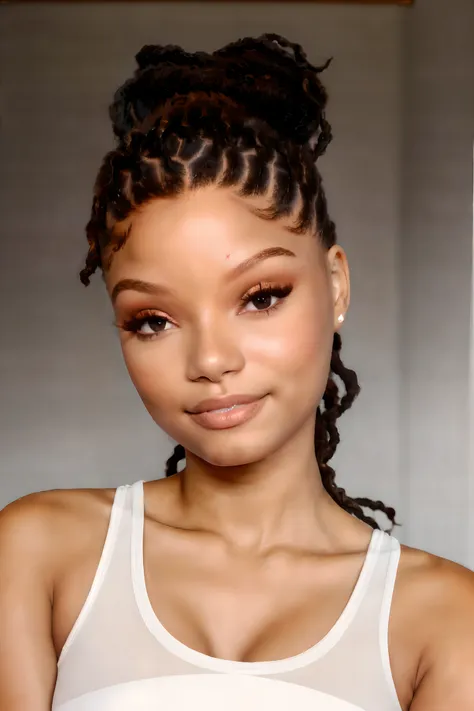 A woman with a white top and a braid updo - SeaArt AI