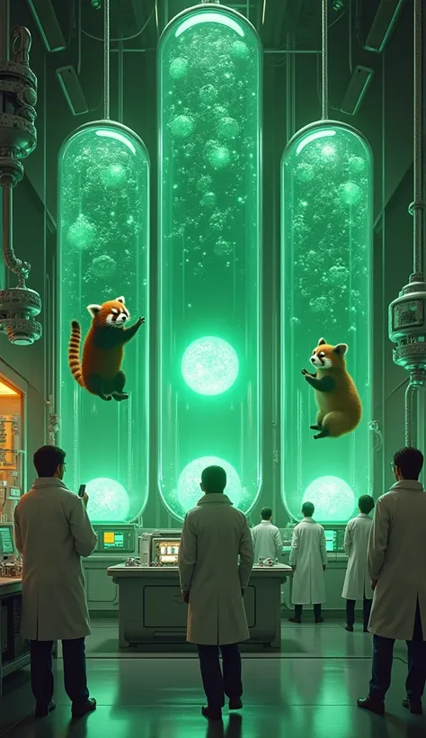 A near-future laboratory scene featuring three massive capsules filled ...