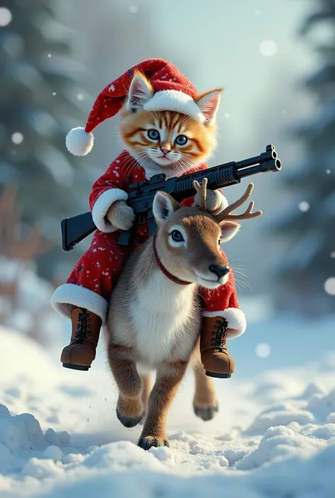 A realistic kitten is riding on a reindeer's back, dressed as Santa ...