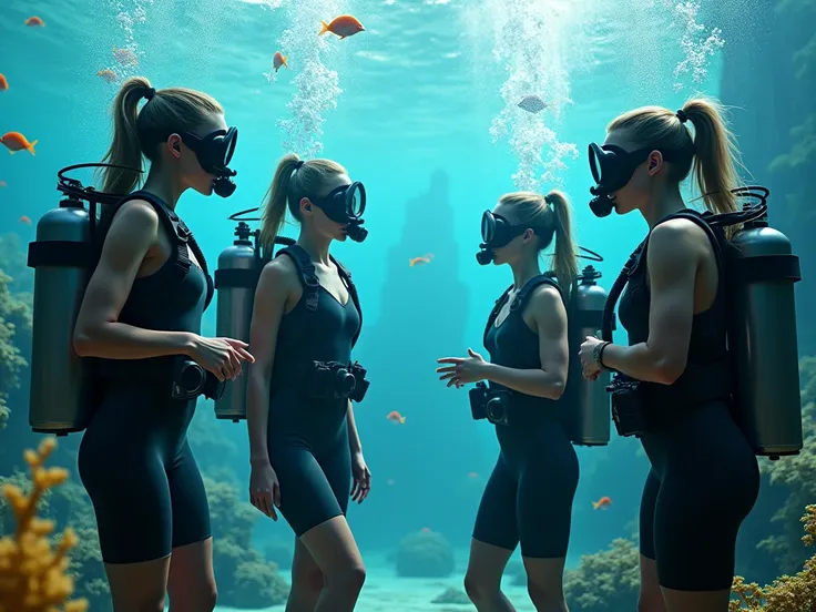 A group of attractive bodybuilder blonde female scuba divers in yellow ...